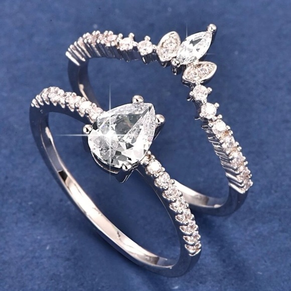 Pandora | Jewelry | Nwt S925 And Zirconia Princess Wedding Water Drop Ring Set Size 9 | Poshmark